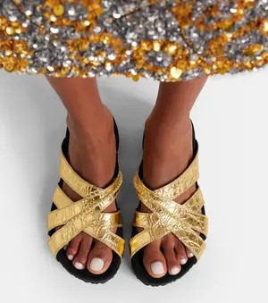 Dries Van Noten Metallic Leather And Suede Slides