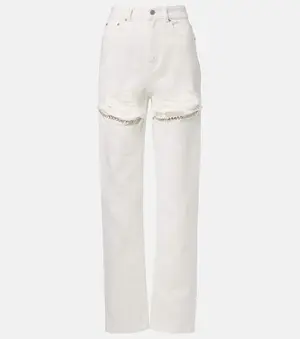 AREA Distressed Embellished Wide-leg Jeans