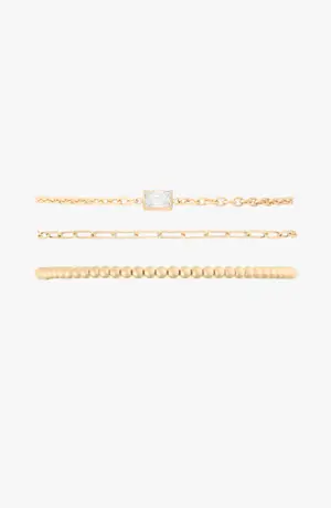 CUFFED BY NANO Bezel Stone, Paperclip, And Bead 14k Filled Bracelet Three Stack - Gold
