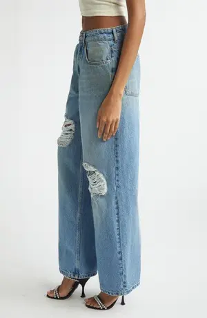 AREA Crystal Embellished Ripped Wide Leg Jeans