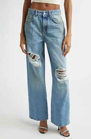 AREA Crystal Embellished Ripped Wide Leg Jeans - Medium Blue