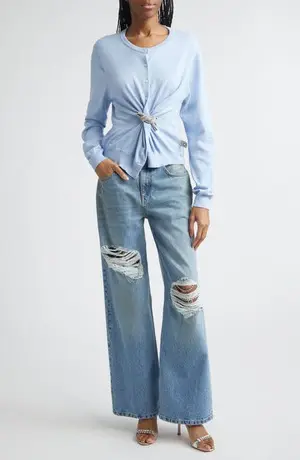 AREA Crystal Embellished Ripped Wide Leg Jeans - Medium Blue