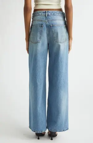 AREA Crystal Embellished Ripped Wide Leg Jeans - Medium Blue