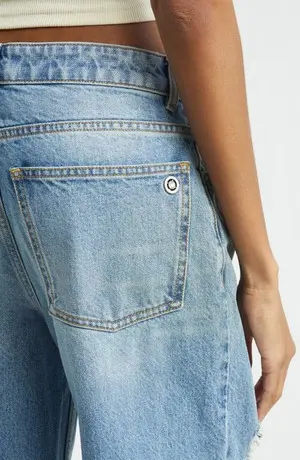 AREA Crystal Embellished Ripped Wide Leg Jeans - Medium Blue