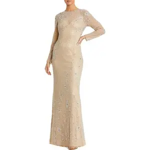 Mac Duggal Embellished Long Sleeve Evening Gown Nude Silver
