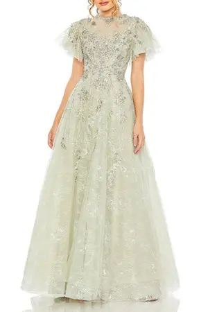 Mac Duggal Illusion Neck Beaded Lace Flutter Sleeve Ball Gown