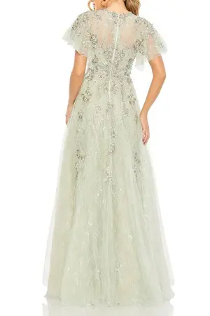 Mac Duggal Illusion Neck Beaded Lace Flutter Sleeve Ball Gown