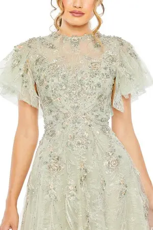 Mac Duggal Illusion Neck Beaded Lace Flutter Sleeve Ball Gown