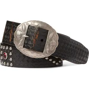 Double Rl Studded Leather Belt - Black Over Brown