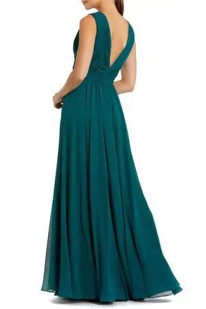 Mac Duggal Sleeveless Ruched V-neck Chiffon Gown - Teal