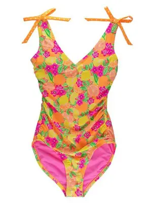 RUFFLEBUTTS Upf 50+ Bow V-neck One Piece Swimsuit