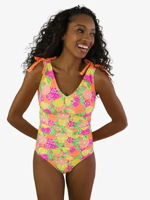 RUFFLEBUTTS Upf 50+ Bow V-neck One Piece Swimsuit