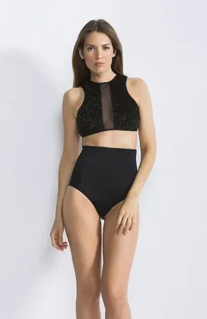 NESSI BYRD Textured Shimmer-front High-neck Two-piece Bikini Set - Black