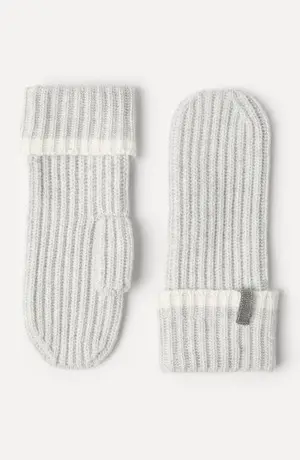 Brunello Cucinelli Knit Mittens With Monili - Light Grey