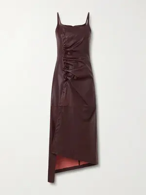 Rabanne Asymmetric Ruched Leather Midi Dress - Brown