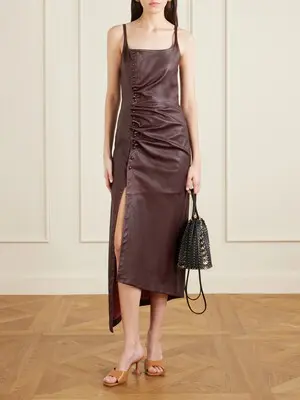 Rabanne Asymmetric Ruched Leather Midi Dress - Brown