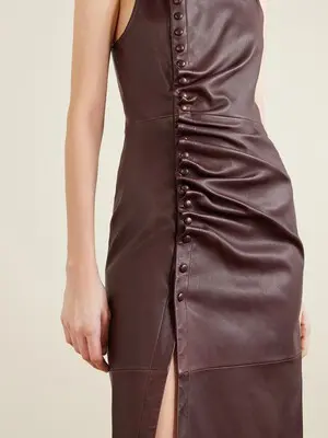 Rabanne Asymmetric Ruched Leather Midi Dress - Brown