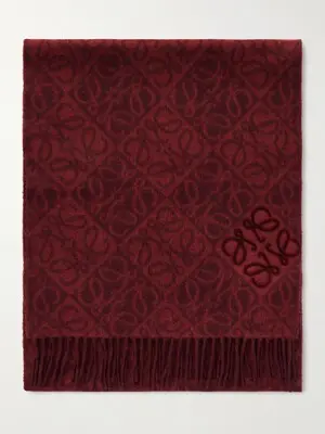Loewe Fringed Wool And Cashmere-blend Jacquard Scarf - Burgundy