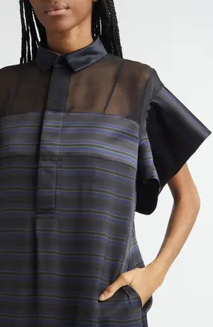 Sacai Horizontal Stripe Satin And Mesh Dress
