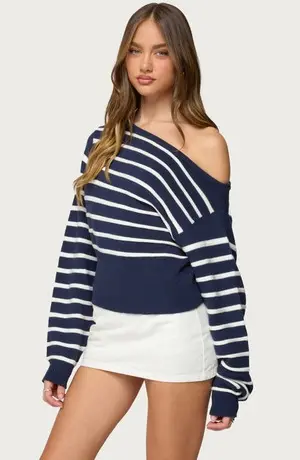 EDIKTED Striped Oversized Off-the-shoulder Sweater - Navy