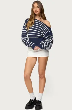 EDIKTED Striped Oversized Off-the-shoulder Sweater - Navy