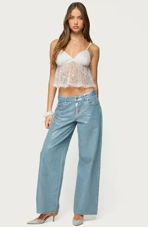 EDIKTED Sequin Mesh Babydoll Camisole - Silver