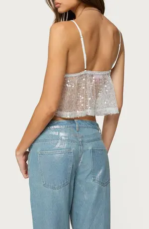 EDIKTED Sequin Mesh Babydoll Camisole - Silver