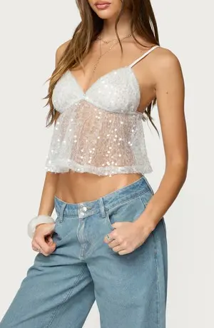 EDIKTED Sequin Mesh Babydoll Camisole - Silver