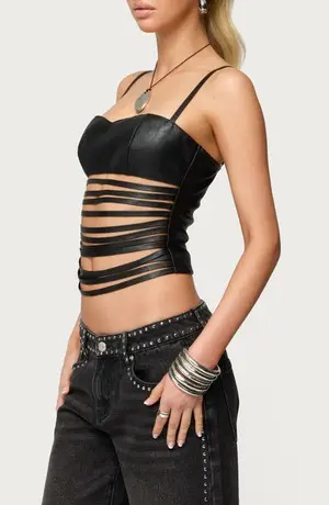 EDIKTED Faux Leather Shredded Bustier Top