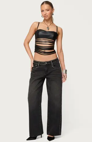 EDIKTED Faux Leather Shredded Bustier Top