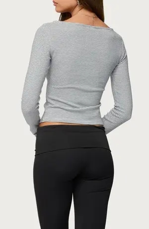 EDIKTED Striped Boat Neck Long Sleeve Top - White-and-black