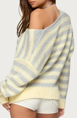 EDIKTED Striped Oversized Off-the-shoulder Sweater - Yellow