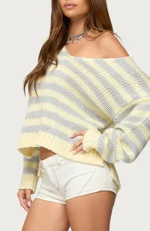 EDIKTED Striped Oversized Off-the-shoulder Sweater - Yellow
