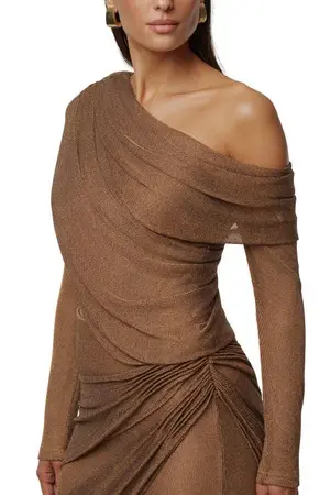 JLUXLABEL Opulent Metallic Off-the-shoulder Bodysuit - Bronze