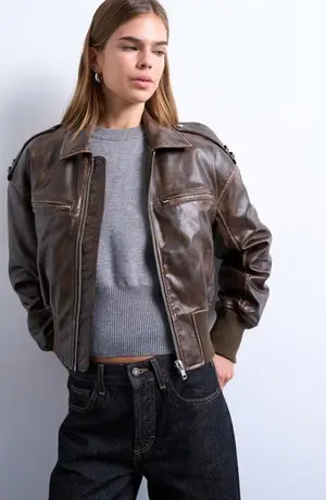 Topshop Faux Leather Ovoid Sleeve Bomber Jacket