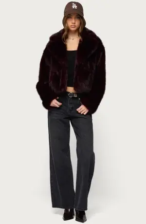 EDIKTED Kamilah Faux Fur Coat - Wine