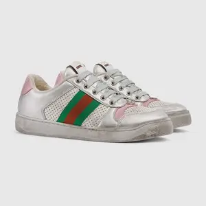 Gucci Screener Metallic Leather Sneakers With Worn-out Effect - Silver