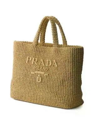 Prada Crochet Tote Bag With Embroidered Lettering Logo - Neutrals