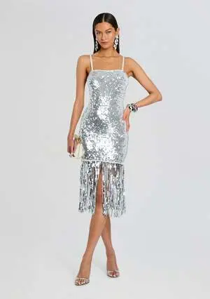 Retrofete Nalu Sequin Fringe Crochet Dress - White/silver