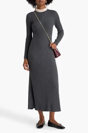 Sandro Ribbed-knit Midi Dress With Ruffled Trims