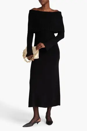 Maje Ribbed-knit Midi Dress With Pointelle Trims