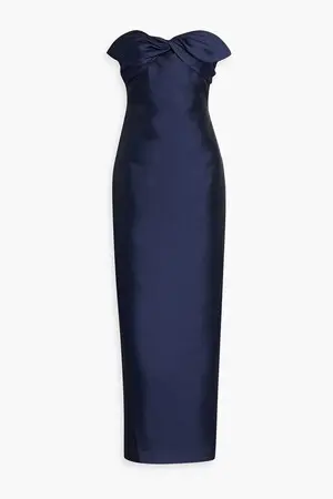 Badgley Mischka Strapless Bow-detailed Jacquard Gown - Navy