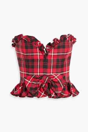 Alessandra Rich Strapless Ruffled Checked Wool Top