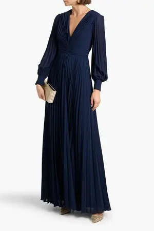 Badgley Mischka Pleated Crepe De Chine Maxi Dress