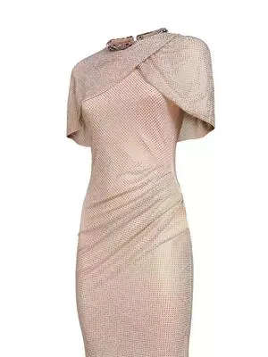 SELF-PORTRAIT Asymmetric Draped Rhinestone Dress - Neutrals