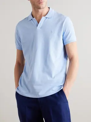 Polo Ralph Lauren Open Collar Logo Embroidered Cotton-blend Piqué Polo Shirt - Blue