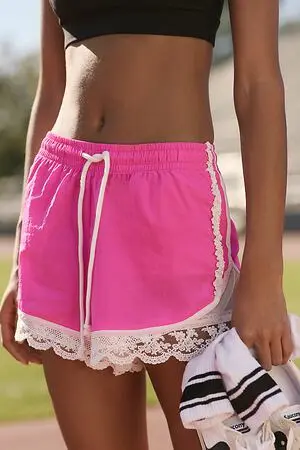 DAILY PRACTICE Long Jump Lace-trim Drawstring Shorts - Neon Pink
