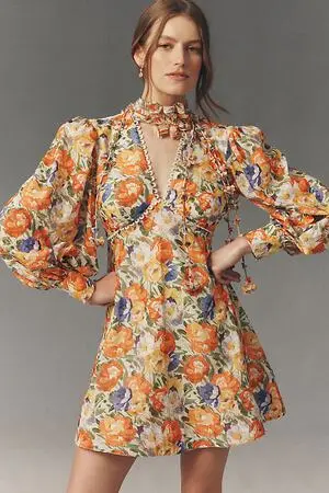 Bhldn Sadie Puff-sleeve Mini Dress - Orange Floral