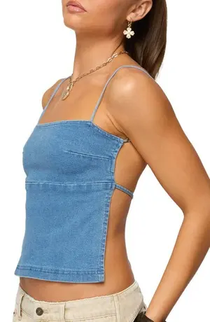 EDIKTED Backless Denim Top - Blue-washed