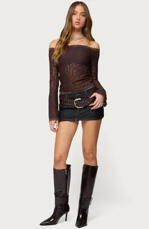 EDIKTED Off-the-shoulder Lace Top - Brown